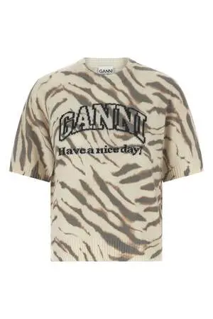 GANNI Short-sleeved Sweater With Intarsia Logo - Multi