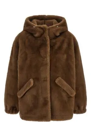LOU ANDREA Hooded Faux Fur Jacket - Brown