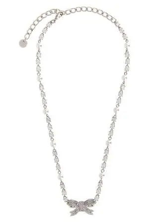 SELF-PORTRAIT Crystal Pearl Bow Necklace - Silver