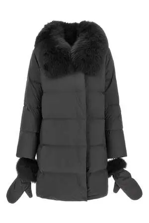 YVES SALOMON The Quilted Down Coat With Fox Fur Collar And Mittens - Black