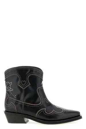 GANNI Ankle Boot With Contrast Western Embroidery - Black
