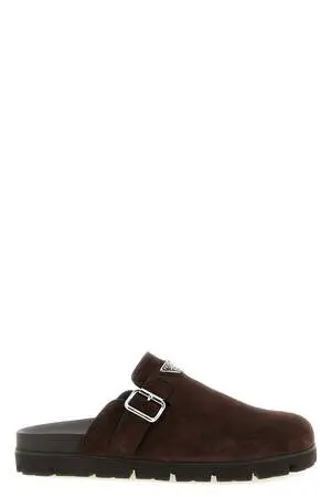 Prada Suede Mules With Enameled Logo - Brown