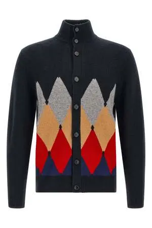 BALLANTYNE Classic Diamond Intarsia Cardigan - Blue