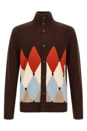 BALLANTYNE Classic Diamond Intarsia Cardigan - Brown