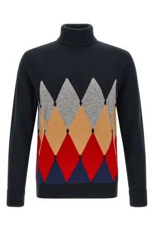 BALLANTYNE Classic Diamond Intarsia Cashmere Turtleneck Sweater - Blue