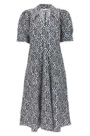 GANNI Printed Cotton Poplin V-neck Long' Dress - Multi