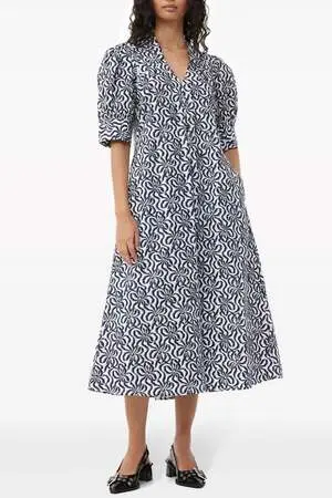 GANNI Printed Cotton Poplin V-neck Long' Dress