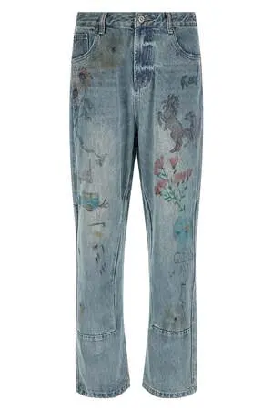 FOUND Jeans With Hand-drawn Graphics - Blue