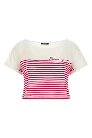 Balmain Cropped T-shirt With Cursive Logo - Fuchsia