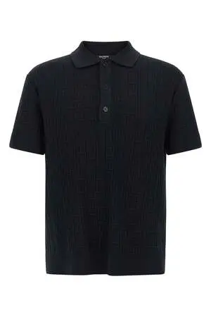 Balmain Polo Shirt With Monogram Jacquard Weave - Blue