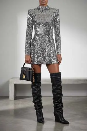 Balmain Short Dress With Sequins And Structured Shoulders
