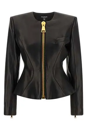 BALMAIN Leather Jacket With Gold-tone Zip