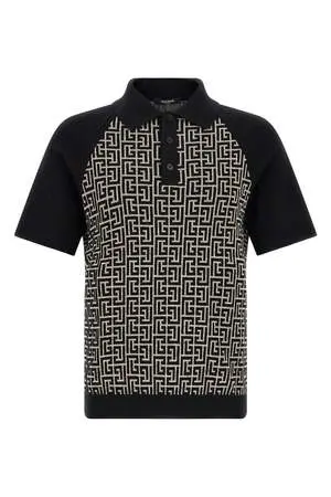 Balmain Pb Monogram Knit Polo Shirt - White/black