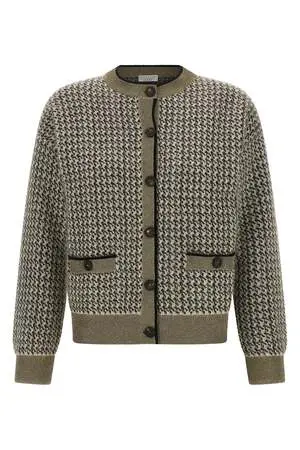 Brunello Cucinelli Lamé Houndstooth Cardigan