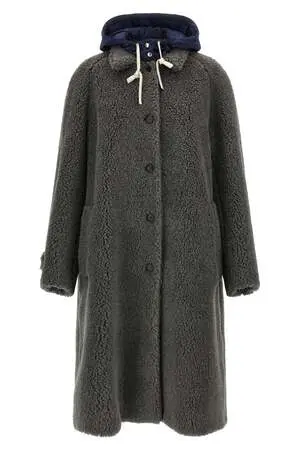 Miu Miu Teddy Coat With Nylon Hood - Gray