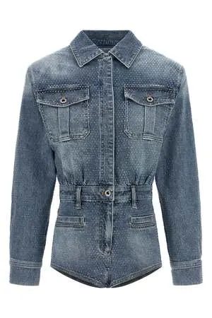 SELF-PORTRAIT Denim Bodysuit With All-over Rhinestones - Blue