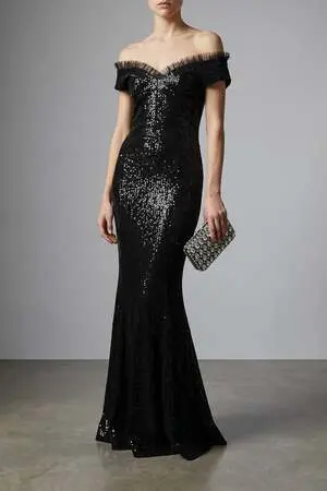 Norma Kamali Sequin Gown With Tulle Trim