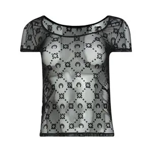MARINE SERRE Moonogram Mesh Flock Short-sleeve Roundneck Top - Black