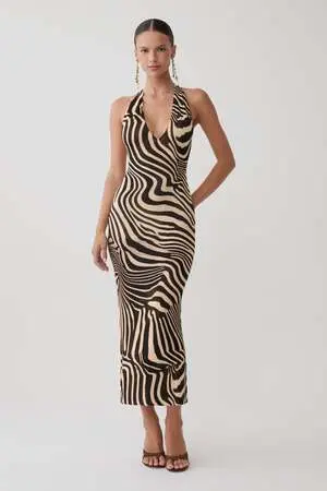 Meshki Darla Deep V Knit Midi Dress - Print