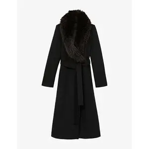 REISS Francesca Faux-fur Collar Long Wool-blend Coat - Black