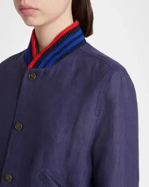 Etro Linen-blend Herringbone & Striped Knit Bomber Jacket - Blue
