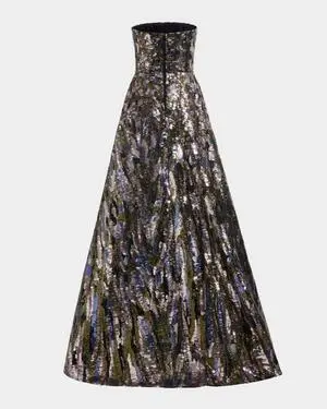 Elie Saab Floral Sequined Strapless A-line Gown - Dark Multi