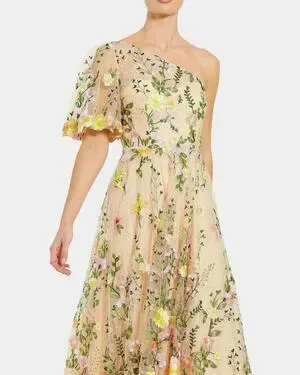 Mac Duggal Floral Embroidered One-shoulder Midi-dress - Yellow Multi