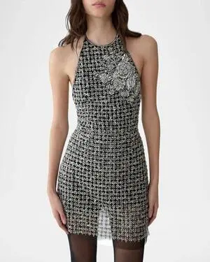 Carolina Herrera Embellished Tweed Halter Mini Dress - Black Multi