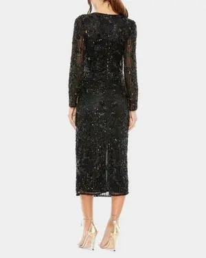 Mac Duggal High-neck Beaded Long-sleeve Midi Dress - Black