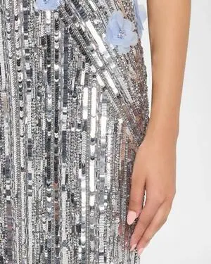 Pamella Roland Strapless Flower Embroidered Sequin Tulle Column Gown - Silver/sky