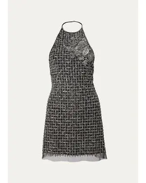 Carolina Herrera Embellished Tweed Halter Mini Dress - Black Multi