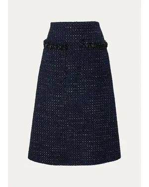 Carolina Herrera Embellished Pocket Tweed A-line Midi Skirt - Indigo Multi