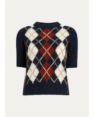 Khaite Lisa Argyle Cashmere-mohair Knit Short-sleeve Sweater - Navy Multi