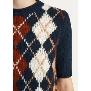 Khaite Lisa Argyle Cashmere-mohair Knit Short-sleeve Sweater - Navy Multi