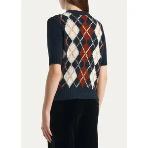 Khaite Lisa Argyle Cashmere-mohair Knit Short-sleeve Sweater - Navy Multi