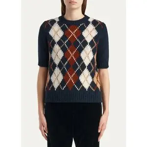 Khaite Lisa Argyle Cashmere-mohair Knit Short-sleeve Sweater - Navy Multi