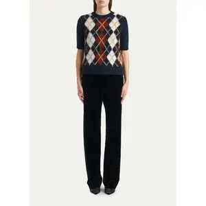Khaite Lisa Argyle Cashmere-mohair Knit Short-sleeve Sweater - Navy Multi