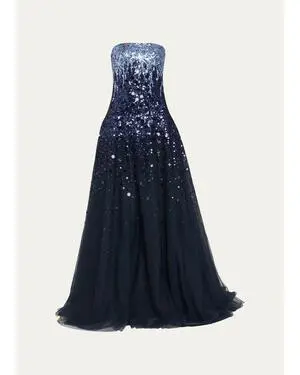 Pamella Roland Degrade Beaded Tulle Ball Gown Blue Multi