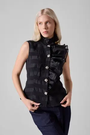 LE FAFO Asymmetrical Ruffle Top - Black