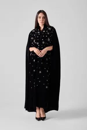 LE FAFO Star Velvet Embellished Cape - Black