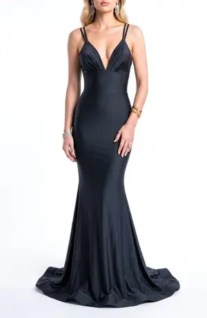 JESSICA ANGEL Double-strap Plunge Lace-up Back Mermaid Evening Gown - Black