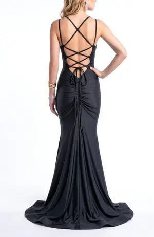 JESSICA ANGEL Double-strap Plunge Lace-up Back Mermaid Evening Gown - Black
