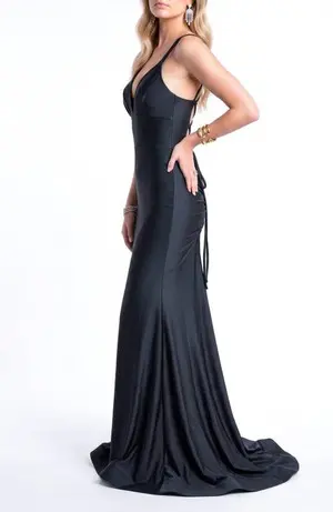 JESSICA ANGEL Double-strap Plunge Lace-up Back Mermaid Evening Gown - Black