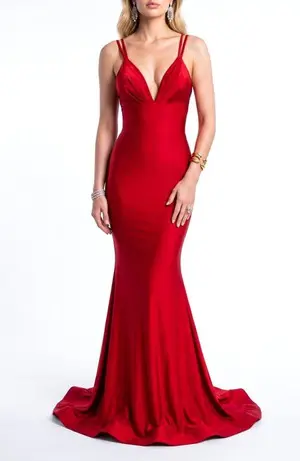 JESSICA ANGEL Double-strap Plunge Lace-up Back Mermaid Evening Gown Red