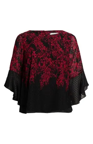 KASPER Ruffle Sleeve Clip Dot Chiffon Top