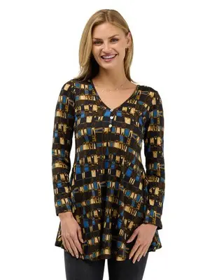24SEVEN COMFORT APPAREL Essential Flared Long Sleeve Tunic Top - Brown Multi
