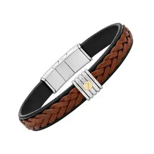 LINK UP Braid On Leather Band & Gold Vermaile Detail Bracelet - Brown/black