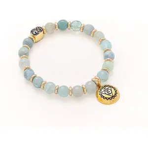 SEVEN SAINTS Throat Chakra Aquamarine Activation Stretch Bracelet - Gold