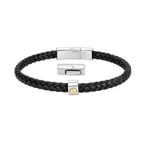 LINK UP Braided Leather Signature Steel Bracelet With Gold Detail - Black