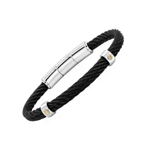 LINK UP Double Steel Cable Bracelet With Gold Link Detail - Black